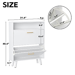 Wananlanen White Shoe Storage Cabient with 2 Flip Drawer, Narrow Freestanding White Shoe Organizer Cabinet, Modern Shoe Racks with Open Shelves for Entryway