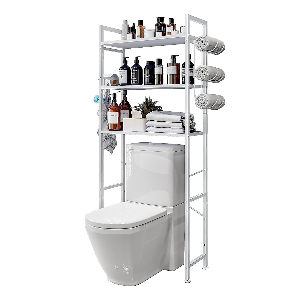 Dazioter Over The Toilet Storage Rack 3 Tier Bathroom Organizer Shelf Over Toilet Freestanding Space Saver Toilet Stands with 10 Hooks Multifunctional (White)