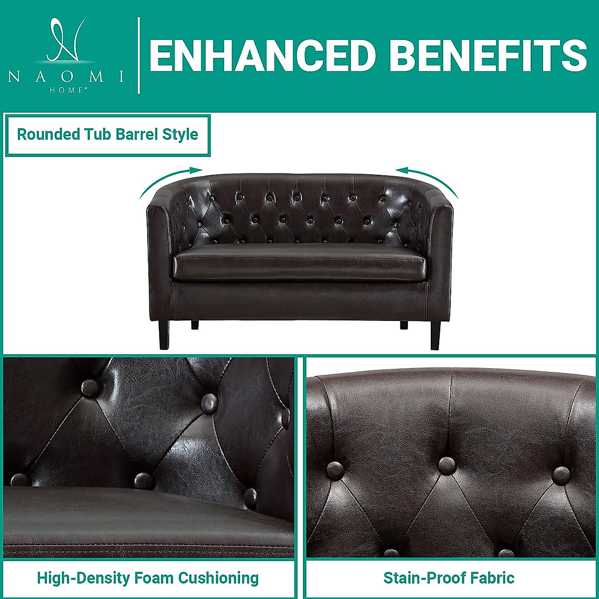 Naomi Home Barrel Love Seat, Button Tufted Faux Leather Loveseat Sofas, Faux Leather couches, Small Loveseats for Small Spaces, Bedrooms, Love Seat Couches for Living Room - Espresso