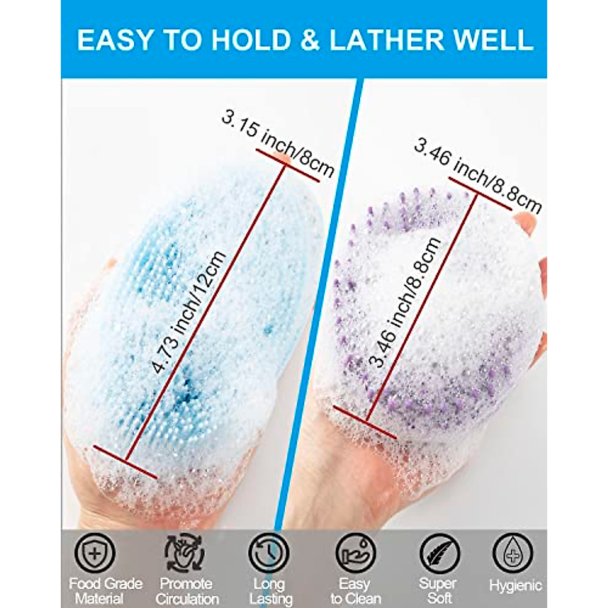 Silicone Body Scrubber for Shower, MICARA Set of 2 Soft Exfoliating Brush for bath with Gentle Scrub and Massage on Dry or Wet Sensitive Skin, Scalp, Back, Foot, Lathers Well as Handheld Loofah
