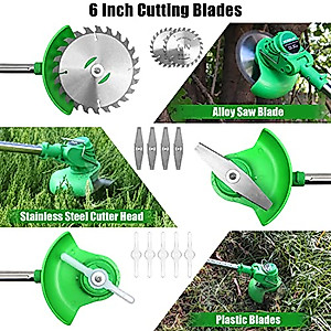 Cordless Weed Trimmer Battery Powered, 21V Lightweight Weed Wacker with 2 Li-Ion Battery, 1 Charger and 11 Cutting Blades, 47 Inch Powerful Weed Eater for Lawn, Yard, Garden, Bush Trimming & Pruning
