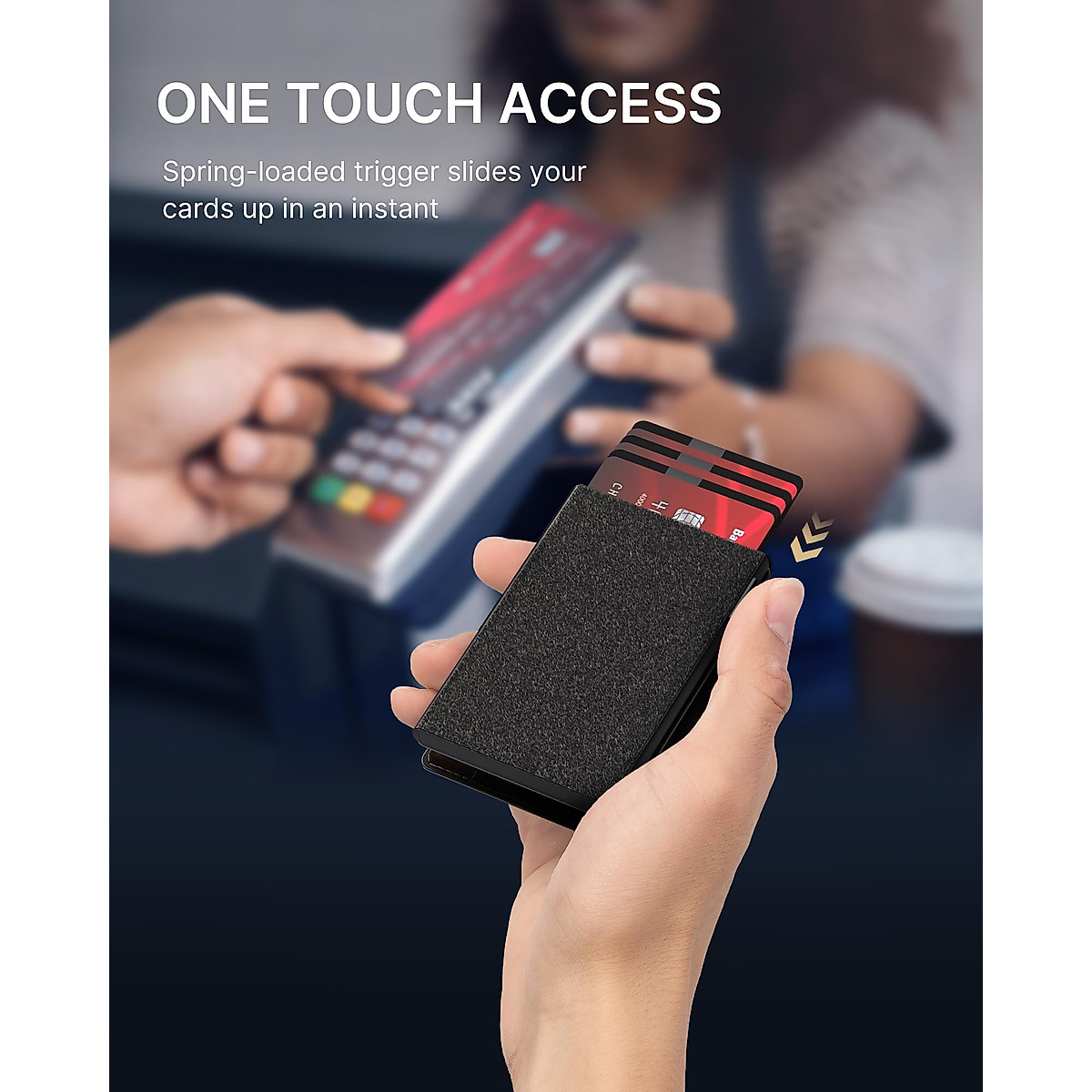 typecase Mens Wallet Card Holder: Pop Up Card Case, Genuine Leather, RFID Blocking, Smart, Slim, Minimalist, Thin - 13 Card Capacitiy, ID Window, Cash Strap (Carbon Fiber)