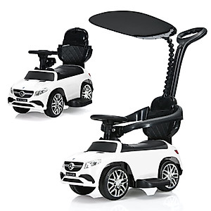 INFANS 3 in 1 Licensed Mercedes Benz Ride on Push Car, Kids Toy Stroller for Toddlers with Push Handle, Baby Foot-to-Floor Sliding Walker with Removable Canopy, Music, Horn, Under Seat Storage (White)