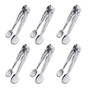 6PCS Mini Serving Tongs, 4Inch Rose Stainless Steel Sugar Cube Tongs, Sliver Small Ice Tongs for Tea and Coffee Party, Appetizers, Desserts by Sunenlyst (6PCS Silver)
