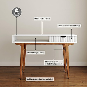 Longcoam Design White Computer Desk with Drawers - 45 inch Minimalist Small Solid Wood Mid-Century Modern Office Desk for Home - Boho Style Writing Table with Open Storage,Light Wooden Desk Workspace