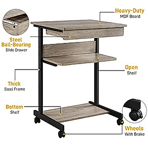 Yaheetech Rolling Computer Desk with Drawer & Keyboard Tray, Mobile Laptop Desk Cart Standing Computer Workstation for Home Office, Gray