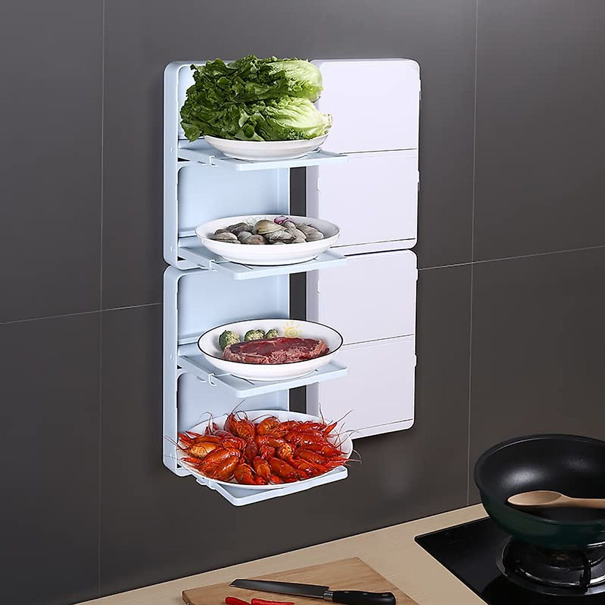 CHEZHEYER Wall Mounted Strong Adhesive Foldable Floating Shelf Rack for Food Preparation & Work; Punching-Free Storage Rack for Kitchen, Dining Room (Light Blue)