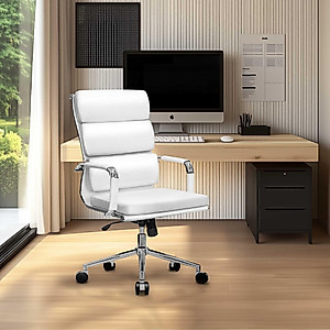 NEO CHAIR Office Desk Ergonomic Chair Leather Executive High-Back Modern Conference Comfy Adjustable Padded Swivel Rolling Home Vanity Chairs with Arms Wheels (White)