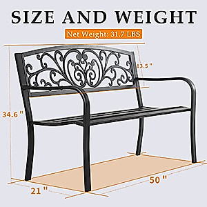 HCY Outdoor Bench, Garden Bench Metal Patio Front Porch Decor Furniture with Backrest Armrests, 50 Inch Slatted Seat for Outdoor, Park, Yard, (Black), x 21x 34.6