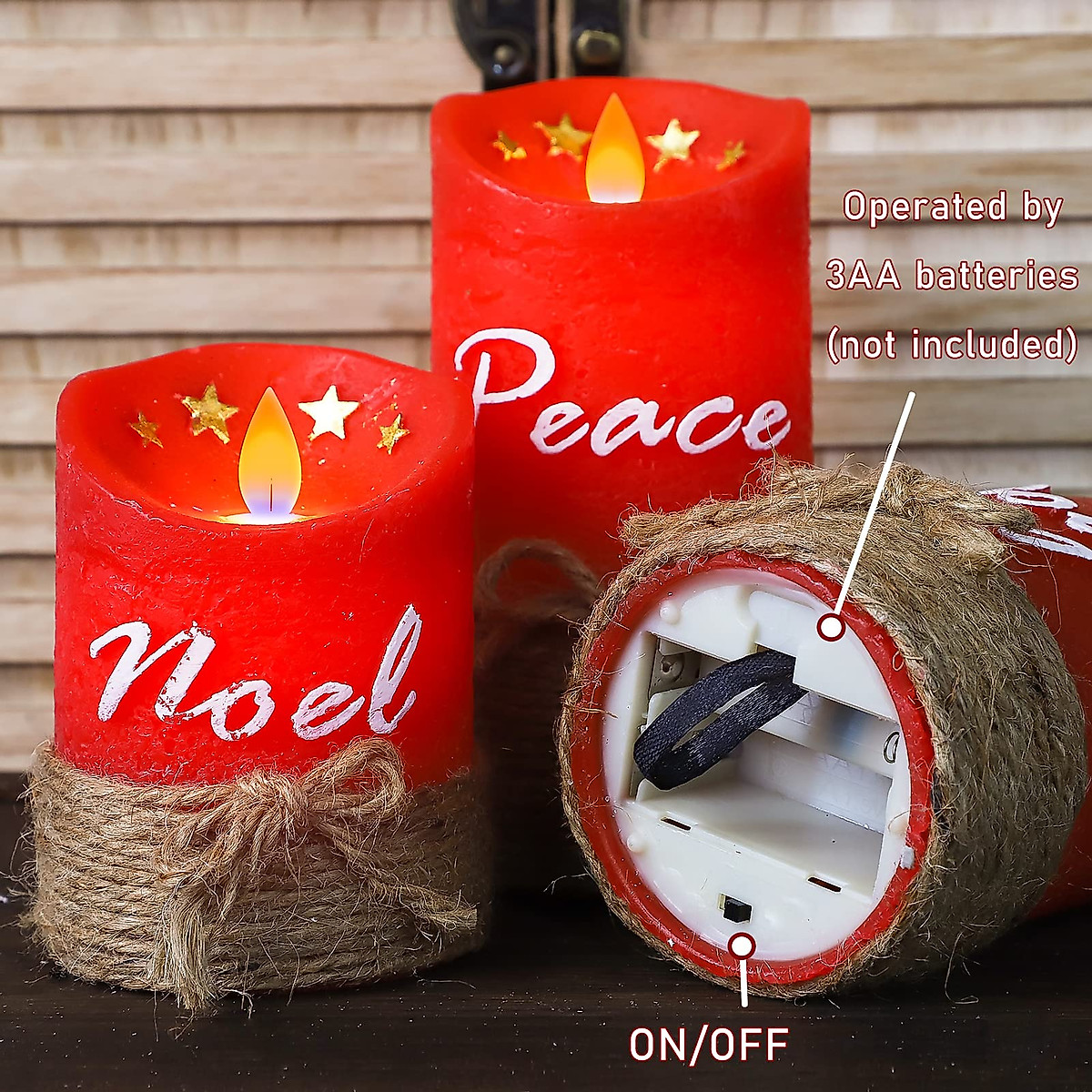 FLAVCHARM Holiday Flameless Candles, Peace Joy Noel with Rope Red LED Flickering Candles Battery Operated with Remote Control, Christmas Decoration for Home, Tablecenter, Bedroom, Bar Party