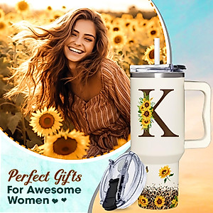 Personalized Birthday Gifts For Women - Sunflowers Monogrammed Cup For Boss Day, Christmas - Customized Gifts For Women, Mom, Wife, Coworkers, Boss Lady, Her - Custom Tumbler With Handle 40oz
