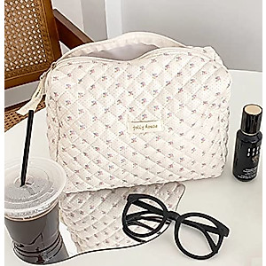 TYFLOVE Kawaii Cotton Makeup Bag Large Travel Cosmetic Bag Aesthetic Floral Makeup Pouch Coquette Quilted Toiletry Bag for Women (B-Beige Floral)