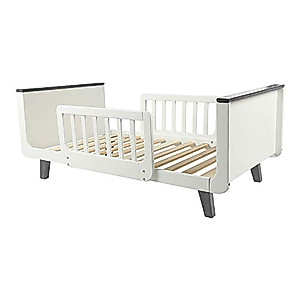 Little Partners Wooden Toddler Bed with Rails for Boys or Girls - Modern White and Grey Transition Bed