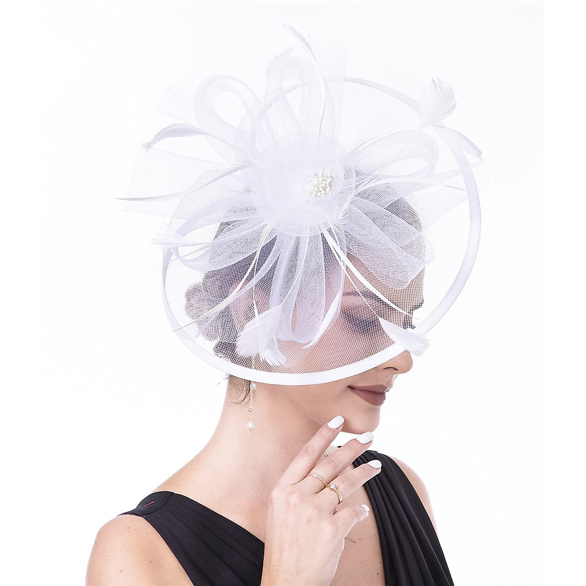 Fascinator Women's Organza Church Kentucky Derby British Bridal Tea Party Wedding Hat Summer Ruffle Hat(Hj6-White)