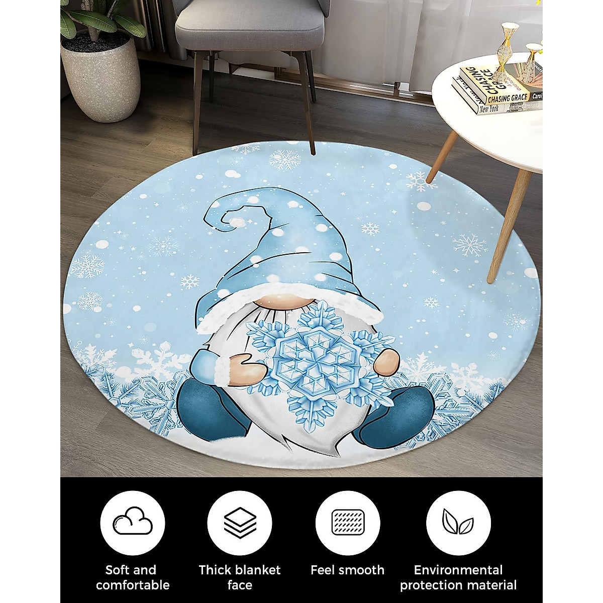 Winter Fluffy Round Area Rug Carpets 4ft, Plush Shaggy Carpet Soft Circular Rugs, Non-Slip Fuzzy Accent Floor Mat for Living Room Bedroom Nursery Home Decor Christmas Gnomes Blue Snowflake