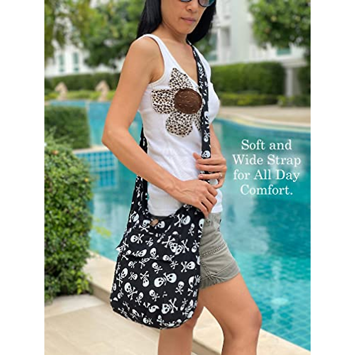 FULLY LINED Skull Hippie Hobo Sling Crossbody Bag - Large Front Phone Pocket - Metal Zippers