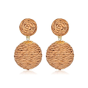 Statement Raffia Earrings, Boho Handmade Straw Rattan Drop Earrings, Geometric Raffia Lantern Dangle Earrings for Women Summer Beach Jewelry (Brown)