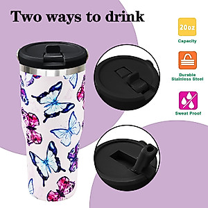 Butterfly Tumbler with Handle and Straw, Stainless Steel Vacuum Insulated Flip Straw 30 oz Pink Butterfly Tumbler Spill Proof Coffee Travel Mug Butterfly Gifts for Women