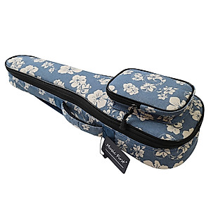 MUSIC FIRST Original Design 0.5" Thick Padded Hawaii Style “Blue and White Plumeria” Canvas Ukulele Case, Ukulele Bag, Ukulele Cover, Salute ELVIS (Fit for 23~24 inch Concert Ukulele)