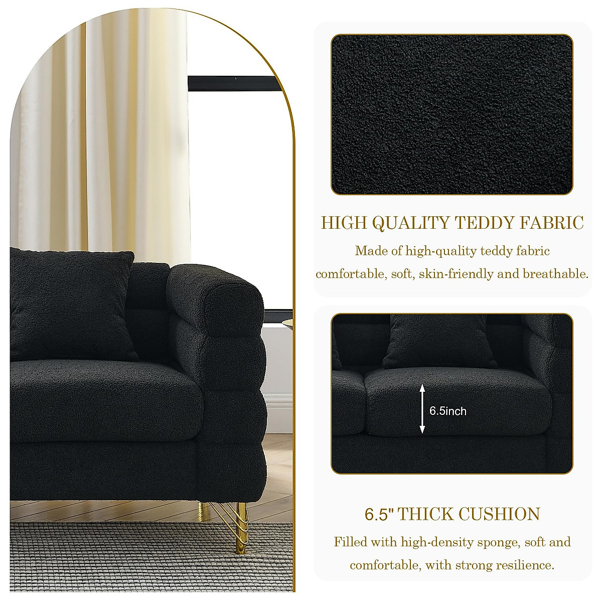 JEEOHEY Sofa, 81 Inch Oversize Sofa,3 Seater Extra Deep Seat Sofa,Modern Upholstered Futon Sofa Couch,Comfy Teddy Bouclé Cloud Sofa,Furniture for Living Room,Bedroom,Office,Apartment(Black)