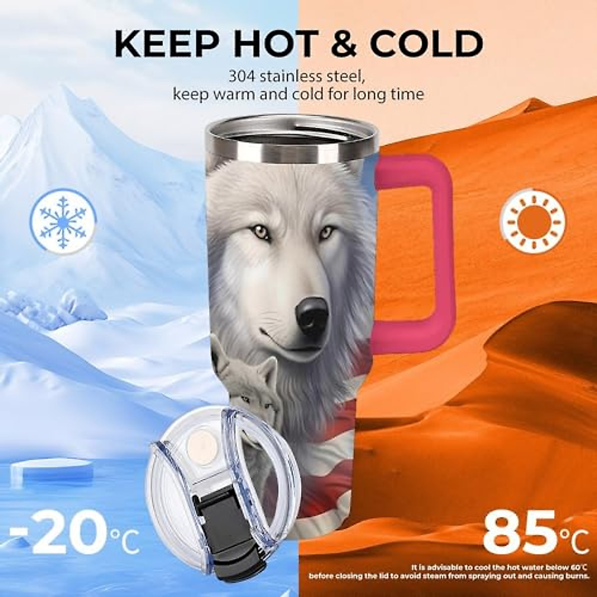 Patriotic Wolves 40 Oz Stainless Steel Cup Travel Tumbler with Handle and Straw Lightweight Coffee Mug for Home Office