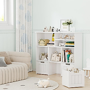 Toy Storage Cabinet with 3 Movable Drawers & 6 Cubes, Children's Toy Shelf Kids Bookshelf with Hidden Wheels, Kids Bookcase Toy Storage Organizer for Bedroom & Playroom & Nursery