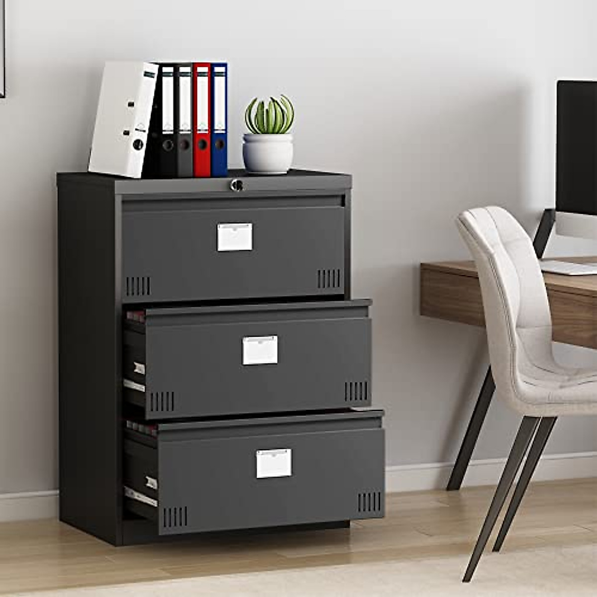 kingwolfox 3 Drawer Lateral File Cabinet with Lock, Locking lateral Filing Cabinet for Office Metal Steel File Drawers Cabinet, Lockable Horizontal File Cabinet for Hanging Legal.