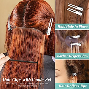 50Pcs Metal Hair Styling Clips, IKOCO Hairdressing Double Prong Hair Clips with 3 Parting Comb for Braids, 50 Sliver Alligator Clips for Hair Rollers Styling and Coloring
