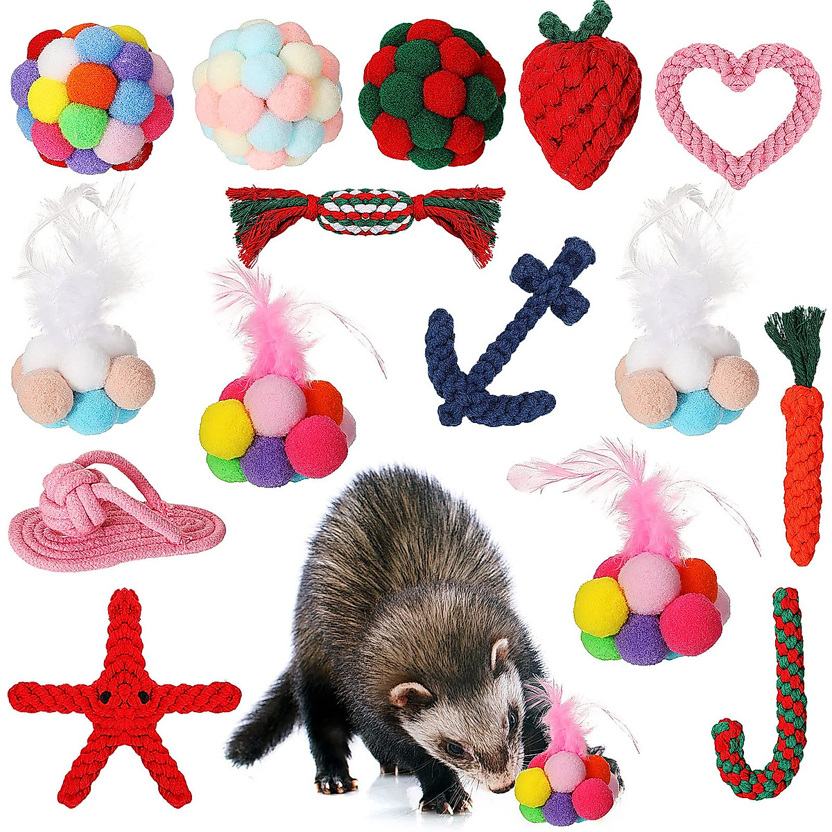 Sotiff 15 Pcs Ferret Toys Include 8 Ferret Rope Chew Toys and 7 Ferret Ball with Bell Toys for Guinea Pigs, Ferret Cage Accessories Durable Knotted Rope Tug Colorful Pompom Balls Interactive Sound Toy