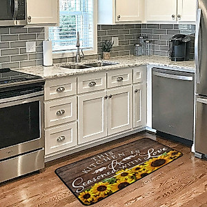 Kitchen Rug Autumn Sunflowers Wooden Seasoned with Love 39 x 20 Inch Non-Slip Anti Fatigue Comfort Entryway Door Mats Perfect Carpet for Home Decor