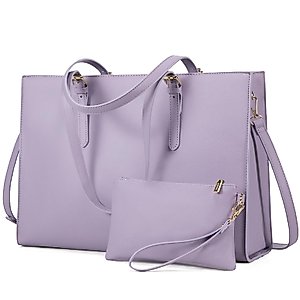 LOVEVOOK Laptop Bag for Women, Fashion Works Computer Tote Bag, 15.6-Inch Large Capacity Shoulder Bag Set with Clutch Purse, Professional Business Briefcase for Office Lady, 2PCs, Light Purple