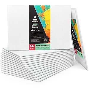 ARTEZA Canvas Boards for Painting, 9 x 12 Inches, Pack of 14, Blank White Canvas Panels for Acrylic, Oil and Gouache Painting