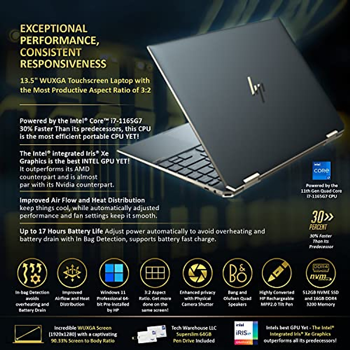 HP Spectre x360 Luxury 14T,13.5" 3:2 WUXGA Touch,Intel i7-1165G7, 16GB RAM, 512GB SSD, Win 11 Pro, Bang&Olufsen Quad Speakers, Fingerprint, Tilt Pen, Poseidon Blue, 64GB TechWarehouse Flash Drive
