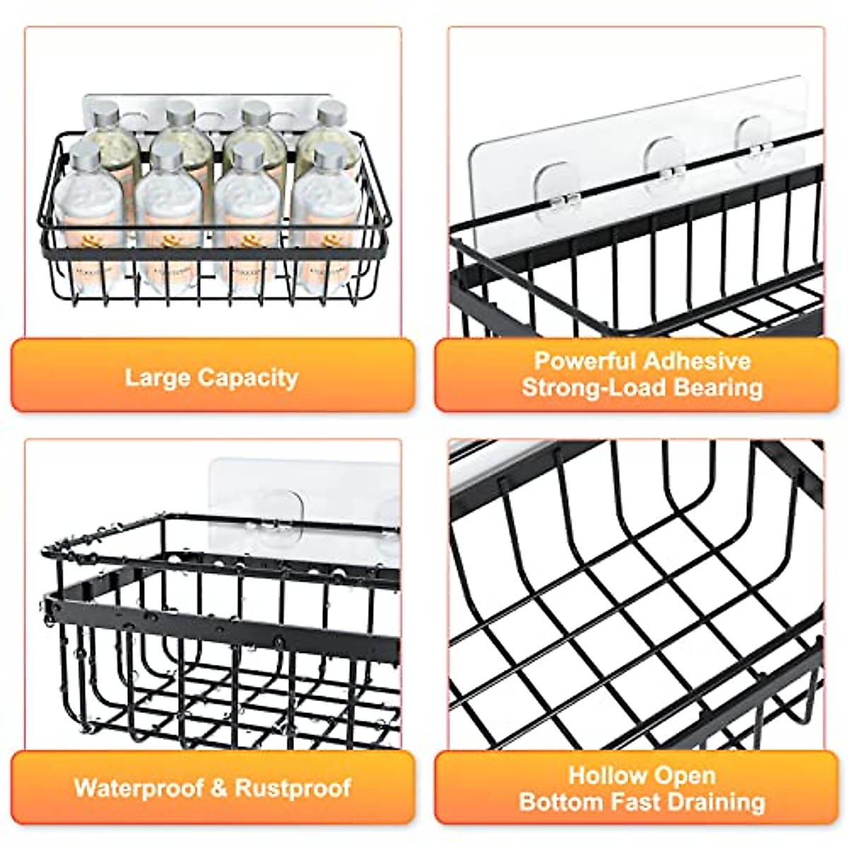 Shower Caddy Shelf Organizer, Self Adhesive Shower Shelves for Tiles Walls, Shower Rack Storage for Inside Shower No Drilling, Bathroom Shower Organizer Rustproof Stainless Steel, 2 Pack, Black