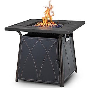 Sophia & William Gas Fire Pit Table 28 Inch 50,000BTU Square Outdoor Propane FirePits 2 in 1 Auto-Ignition Patio Fireplace for Outside with Lid and Blue Fire Glass, Black