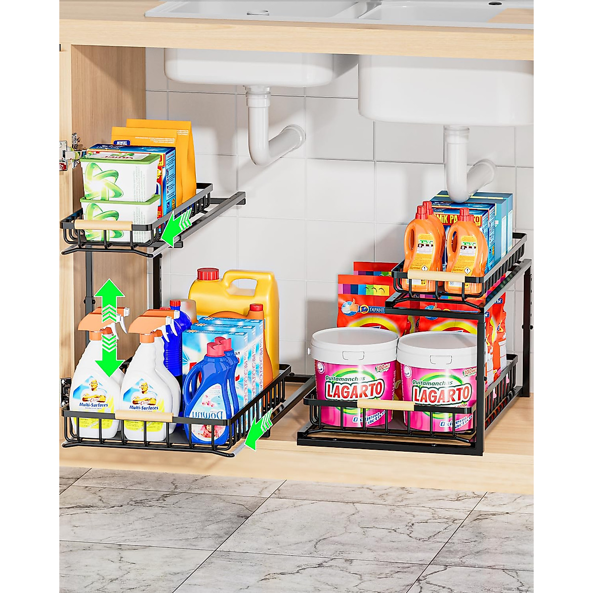 MapeloreCrafted Upgraded Metal Adjustable Under Sink Organizer, Height Adjustable 2-Tier Pull-Out Cabinet Storage Rack, Slide-Out Drawers for Kitchen, Bathroom, Pantry Organization, 2 Pack