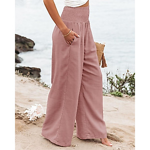Women's Plus Size Pure Color Pants Elastic High Waist Wide Leg Palazzo Lounge Smocked Casual Trousers Pink 3XL