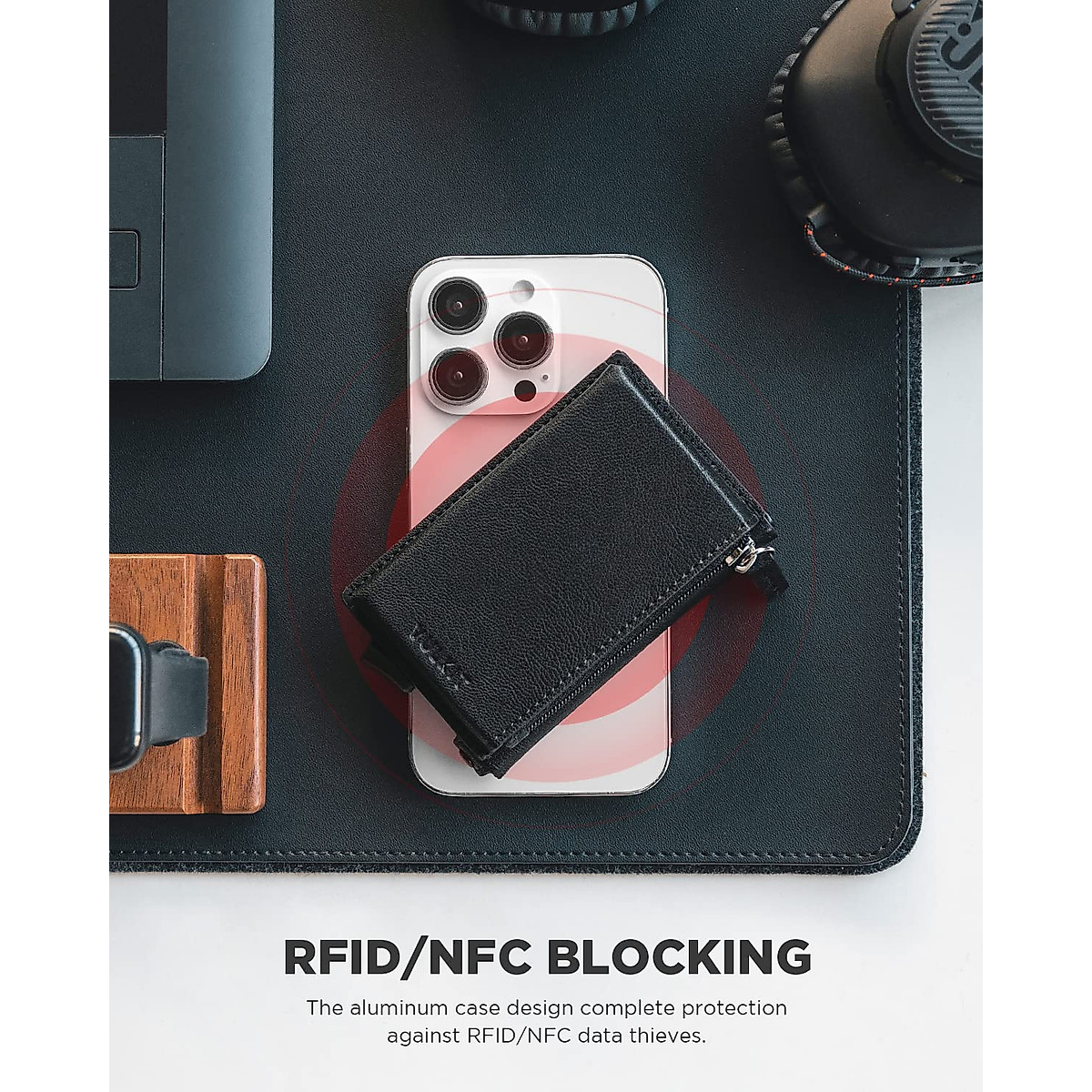 VULKIT Credit Card Holder with Leather Zipper Pocket Pop up wallet RFID Blocking Slim Metal Card Case for Men or Women(Black)