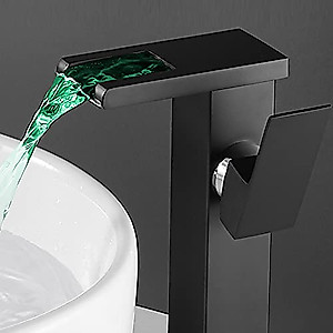 Black Bathroom Vessel Faucet Led Light 3 Color Changing Waterfall Single Handle One Hole Bowl Sink Faucet Vanity Lavatory Deck Mount Mixer Tap Tall with Pop Up Drain Without Overflow and Supply Lines