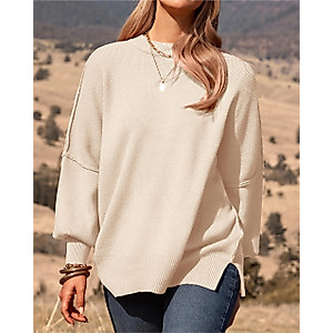 PRETTYGARDEN Women's Oversized Sweater 2024 Casual Fall Crewneck Long Sleeve Loose Side Slit Ribbed Knit Pullover Tops(Solid Beige,Medium)