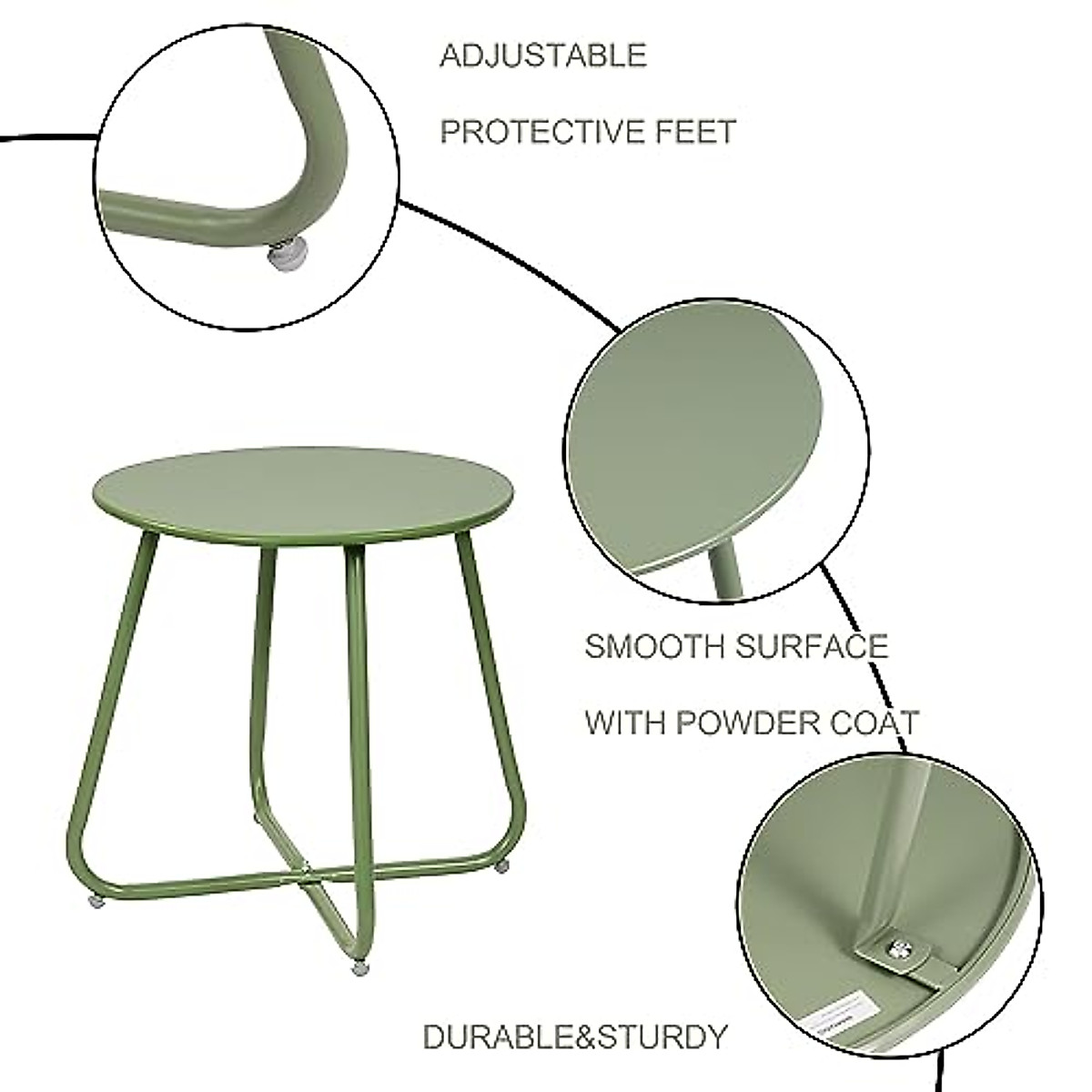 Elevon Weather Resistant Outdoor 17.5” Round End Accent Table for Bistro Balcony, Sage Green