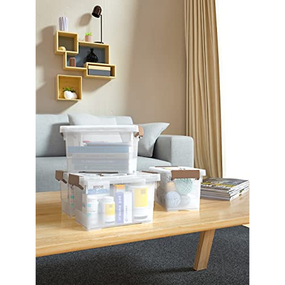 WYT 4 Quart Clear Storage Latch Bins, 4 Pack Clear Stackable Storage Organizer Box with Brown Latching Handle and Lid