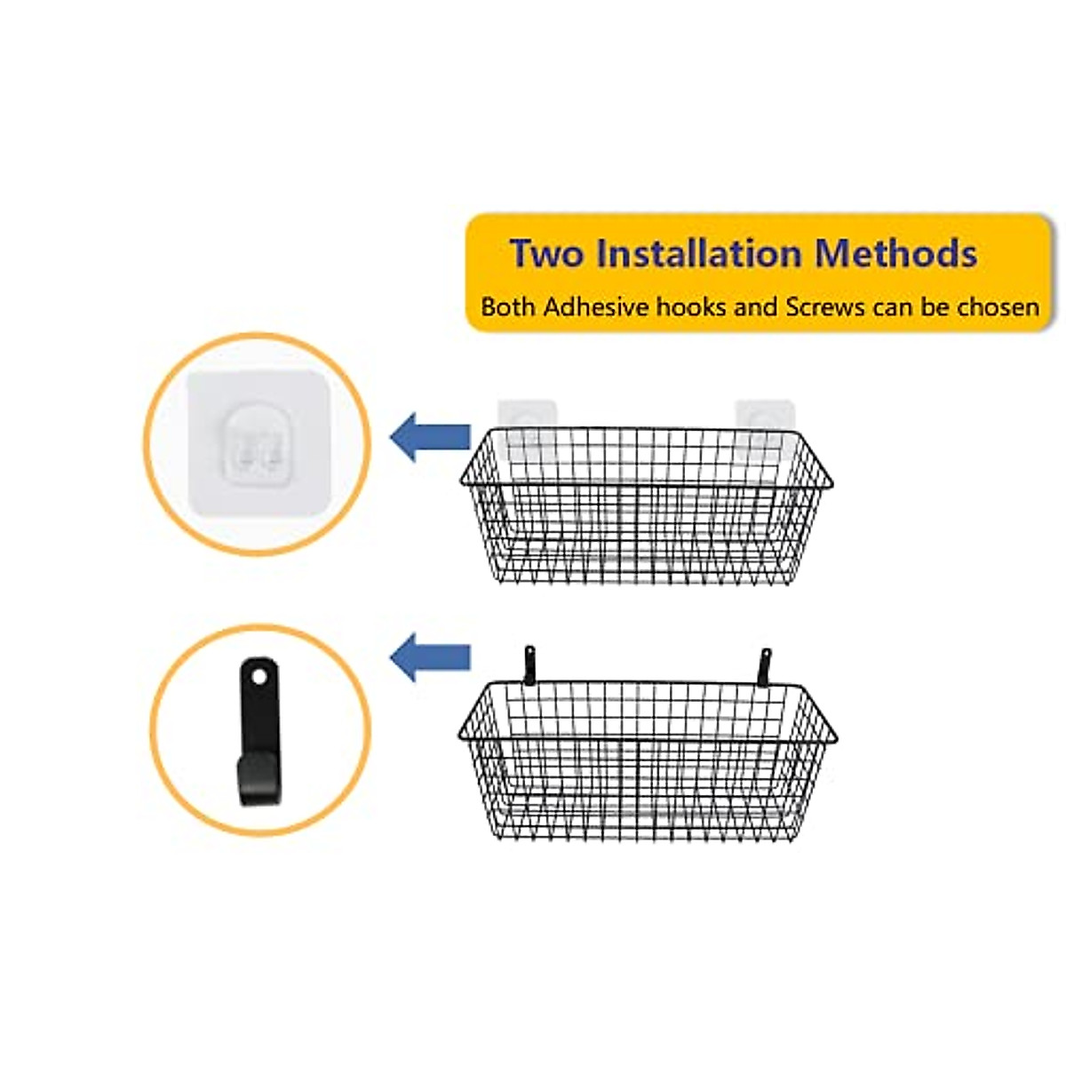 2 Pack Towel Rack Holder and 3 Set Hanging Extra Bakset, Minimalist Design,Wall Mounted Metal Towel Shelf with Hooks,Wall Mount Fruit Basket,No Drilling,Black