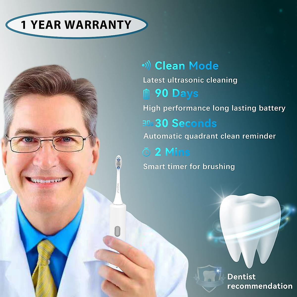 LONG FIT Electric Toothbrush for Adult Ultrasonic, Basic 90 Days Standby 37000VPM Clean Massage Sensitive Modes with 5 Replacement Toothbrush Heads