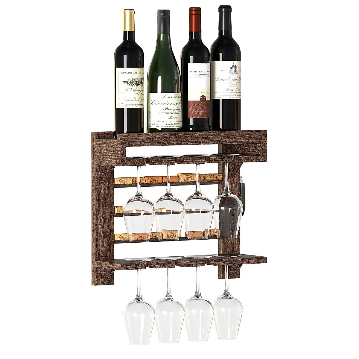 Rustic State Veneto Wall Mount Wood Wine Bottle Rack and Stemware Glassware Organizer Shelf Cork Storage - Magnetic Corkscrew Holder for Champagne, Red & White Wine - Home, Kitchen, Bar Décor