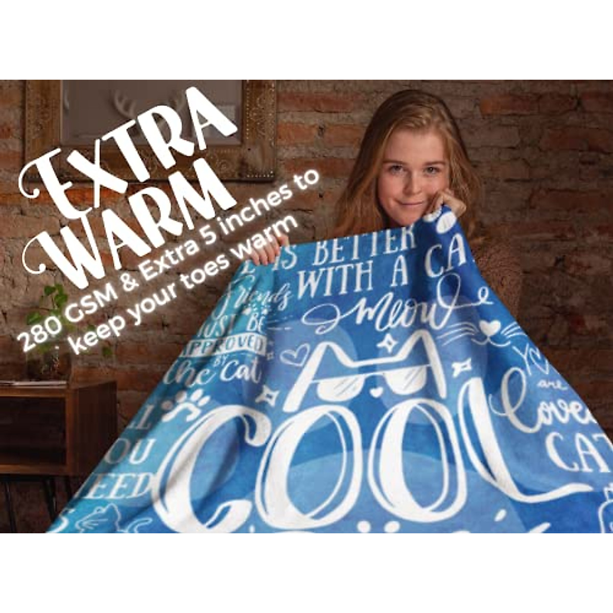 InnoBeta Cat Lover Blanket Throw Blue, Flannel Blankets for Cat Mom, Unique Cat Mom Gifts, Best Cat Lover Gifts on Christmas, Birthday, Thanksgiving, 50" x 65" (Blue Cool Cat)