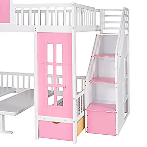 Polibi Full-Over-Full Bunk Bed with Storage Staircase and Changeable Table, Full Bunk Bed Turn into Upper Bed and Down Desk with 2 Drawers, Pink