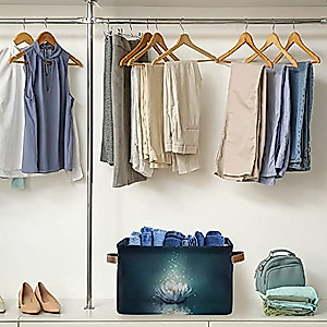 Rectangular Storage Bin Cube Magic Lotus Floral Foldable Organizer Basket with Handles, Glowing Waterlily Flower Floating On Pond Artwork Collapsible Storage Box Kid Toy Shelf Closet Nursery