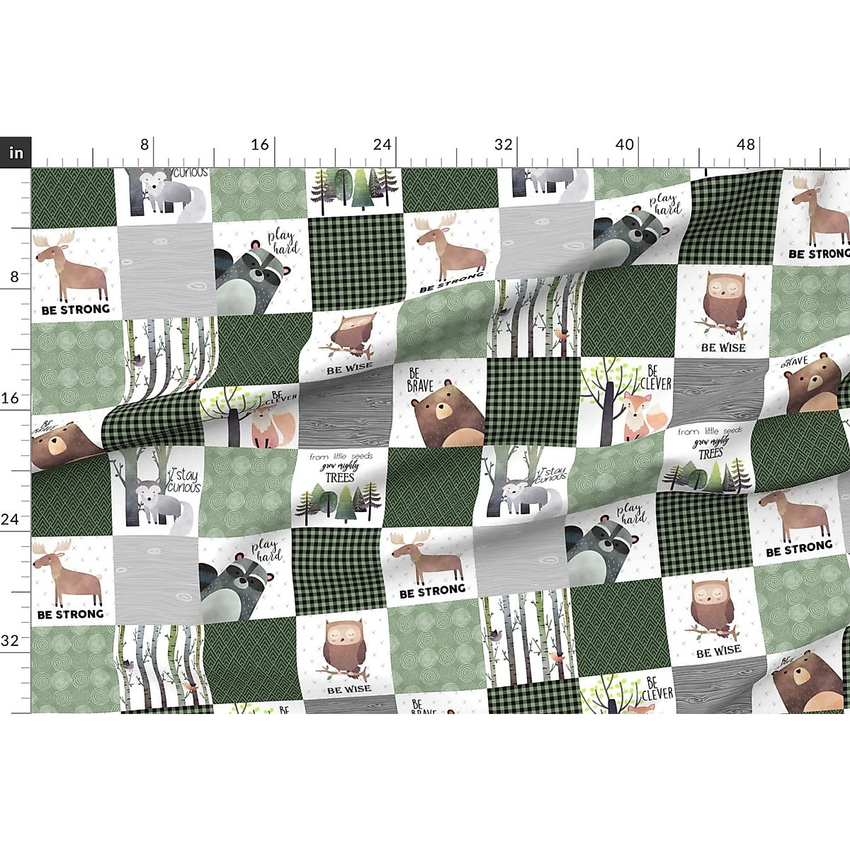 Spoonflower Fabric - Woodland Animals Forest Cheater Quilt Bear Fox Moose Wholecloth Green Printed on Minky Fabric by The Yard - Sewing Baby Blankets Quilt Backing Plush