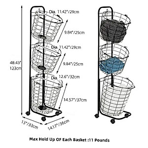 MYOYAY 3-Tier Laundry Basket 360° Moveable Iron Art Laundry Basket with Wheels Metal Wire Small Clothes Storing Stand Removable Dirty Clothes Storage Basket Bathroom Balcony Black